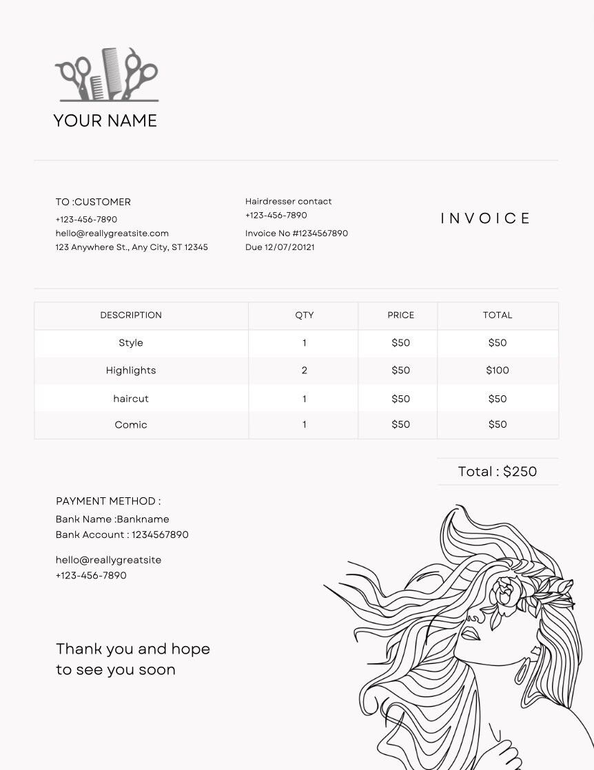 Printable Invoice Template for Hairdresser, Editable Invoice Template ...