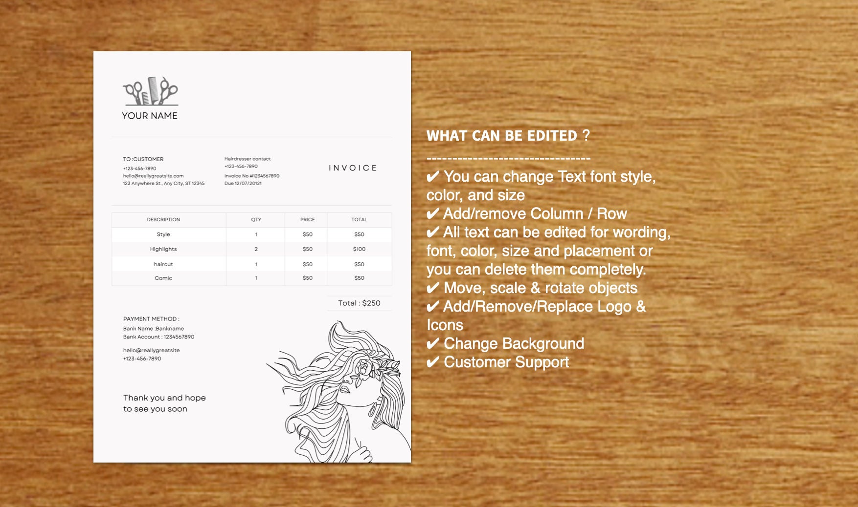 Printable Invoice Template for Hairdresser, Editable Invoice Template ...