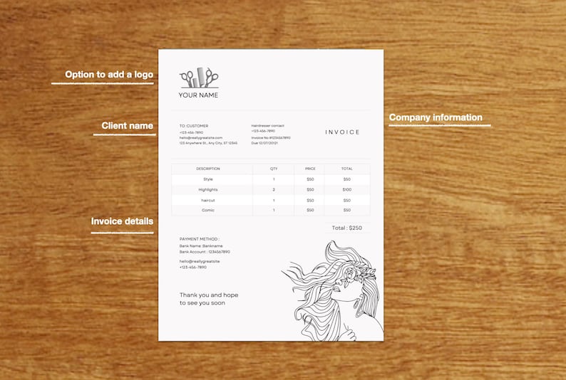 Printable Invoice Template for Hairdresser, Editable Invoice Template ...