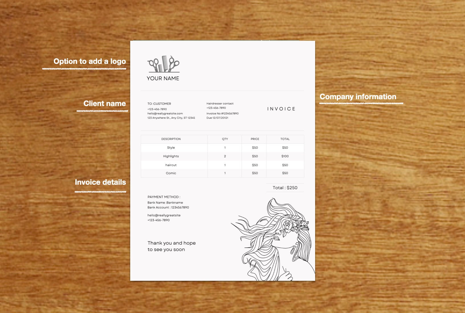Printable Invoice Template for Hairdresser, Editable Invoice Template ...