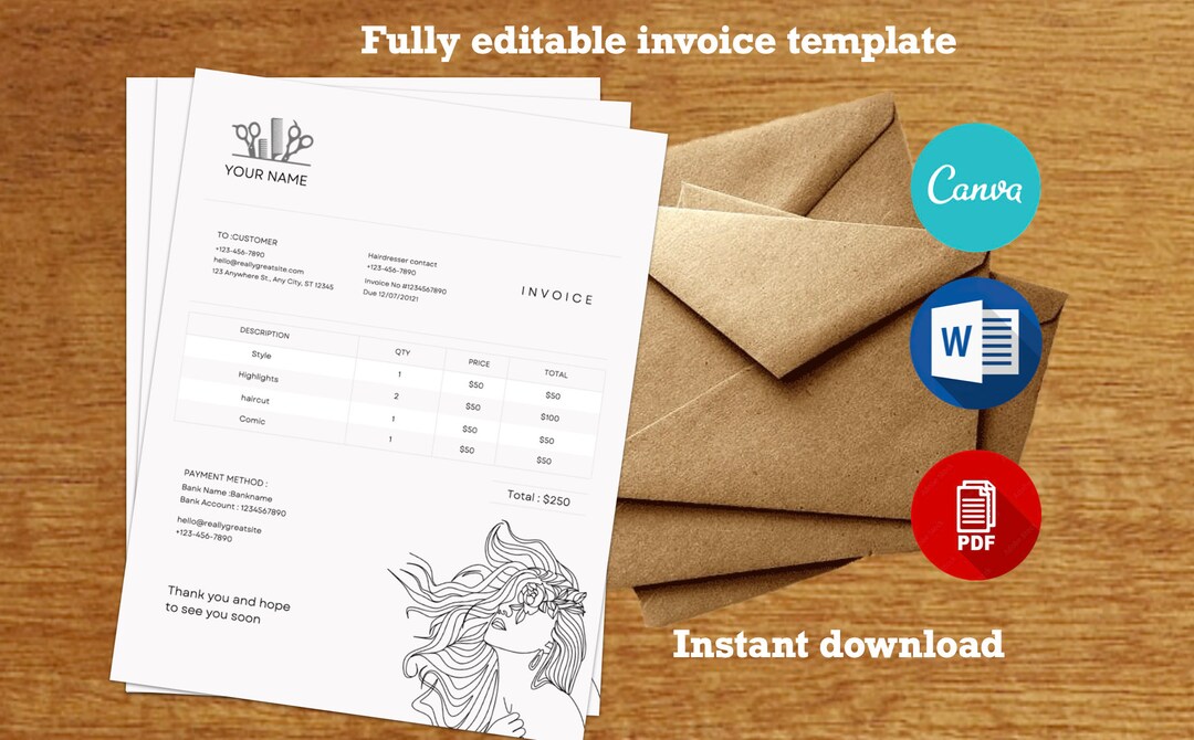 Printable Invoice Template for Hairdresser, Editable Invoice Template ...