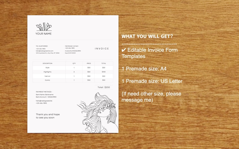 Printable Invoice Template for Hairdresser, Editable Invoice Template ...