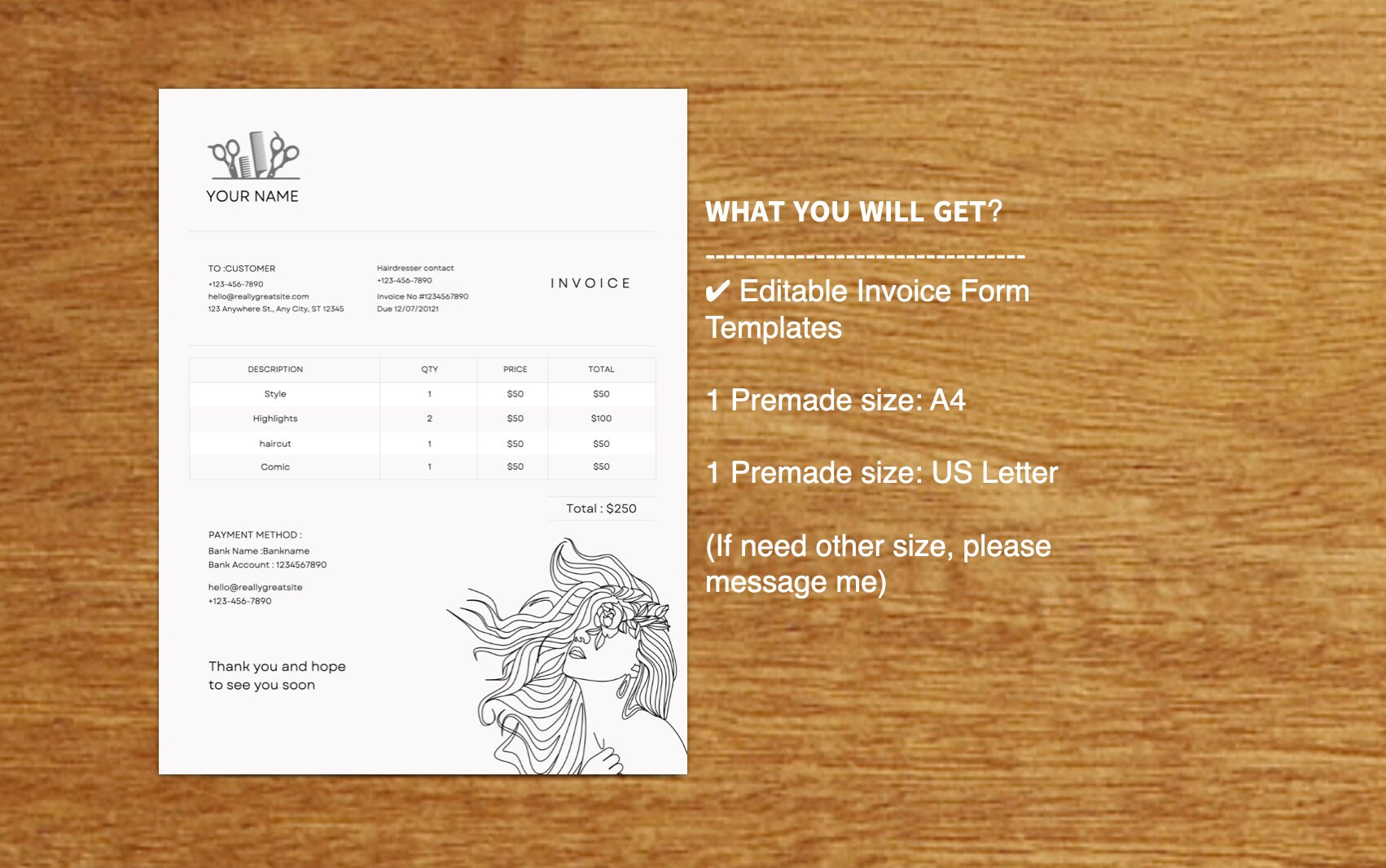 Printable Invoice Template for Hairdresser, Editable Invoice Template ...