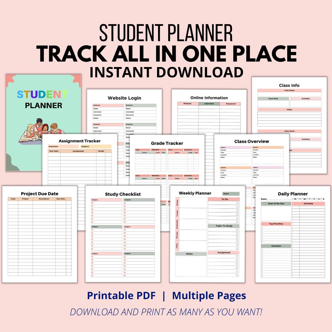 Printable Student Planner, School Planner, Assignment Tracker, Homework ...