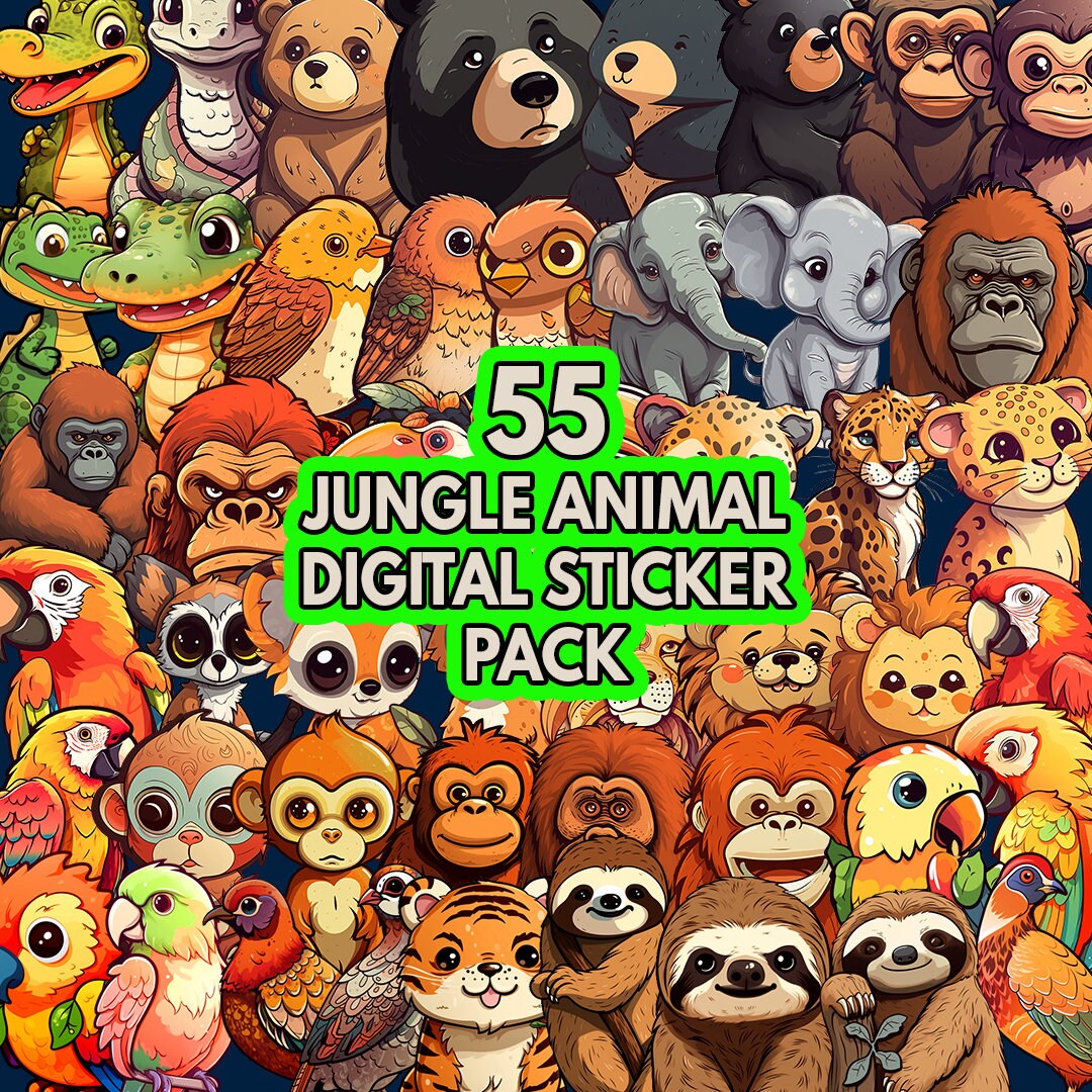 55 Jungle Animal Sticker Pack, Digital Stickers Animals PNG, Digital ...