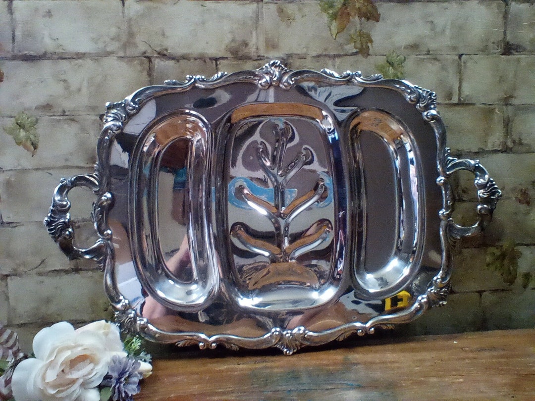 Vintage Silver Plate Meat Tray With Side Bowls, 24" Long From Handle to ...