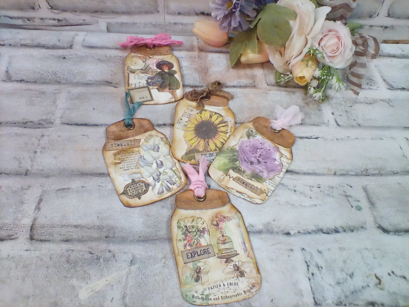 Junk Journal Ephemera, 5 Little Canning Jars Decorated With Flowers and Other Embellishments ...