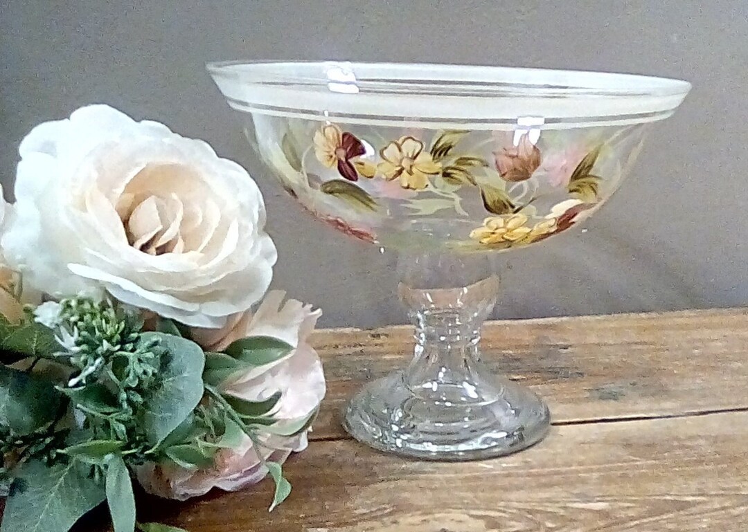 Vintage Blown Glass Compote With Hand Painted Florals, Blown Glass ...