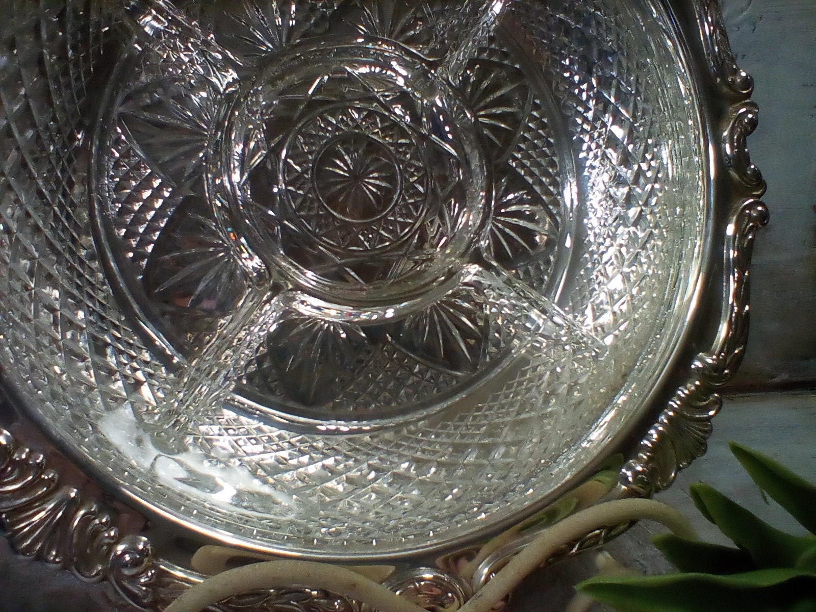 Vintage Silver Plate and Pressed Glass Relish Tray Set, Round Silver ...