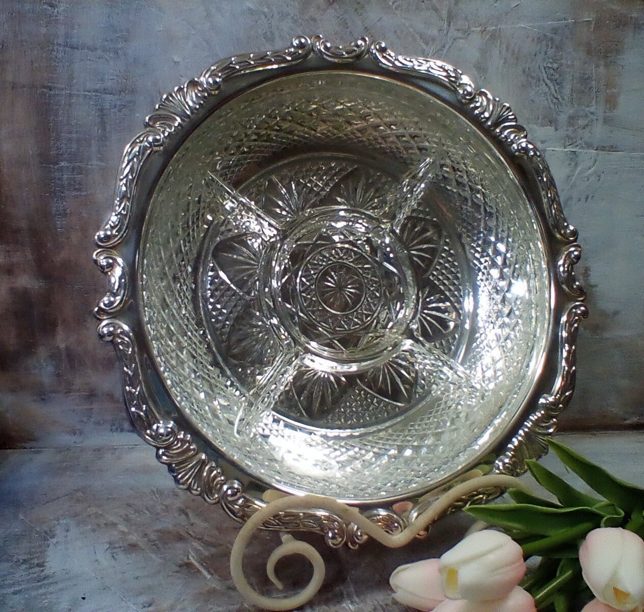 Vintage Silver Plate and Pressed Glass Relish Tray Set, Round Silver ...