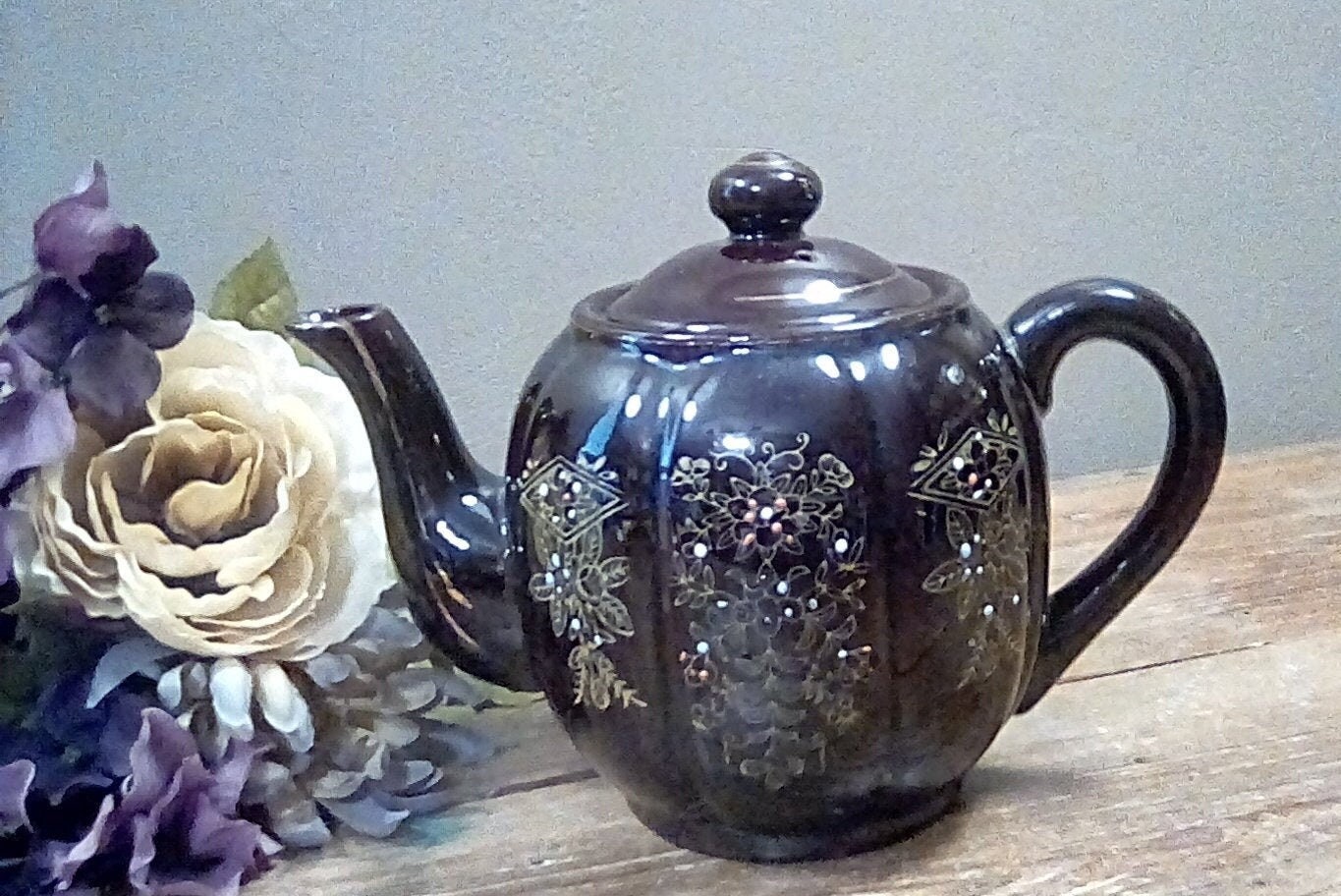 Vintage Terra Cotta Teapot Hand Painted in Japan Gold Leaf Scrollwork ...