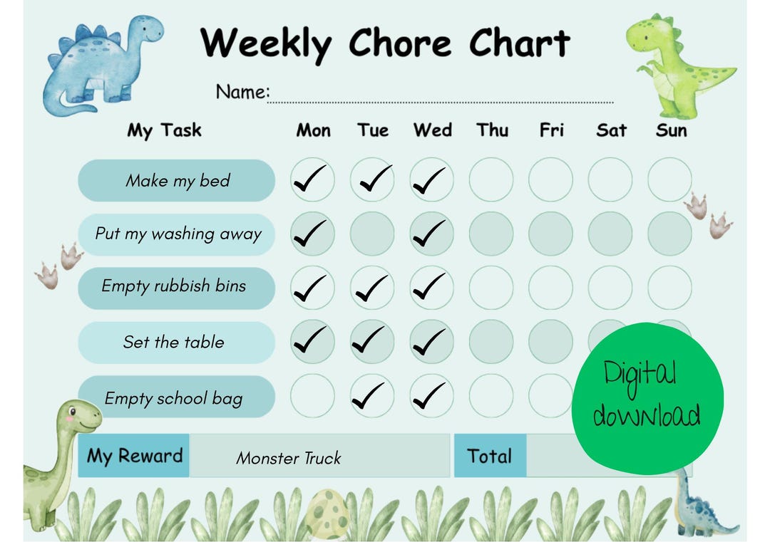 Dinosaur Weekly Chore Chart, Reward Chart, DIGITAL DOWNLOAD - Etsy