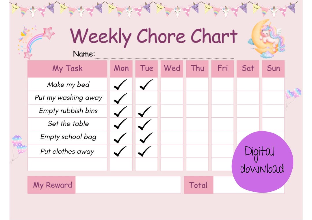 Unicorn Weekly Chore Chart, Reward Chart, DIGITAL DOWNLOAD - Etsy