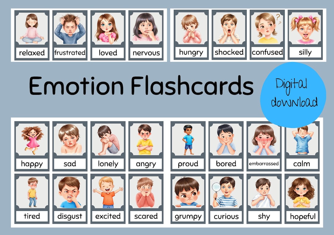 24 Photo Emotions Flashcards, Printable Feelings Flash Cards, Children ...