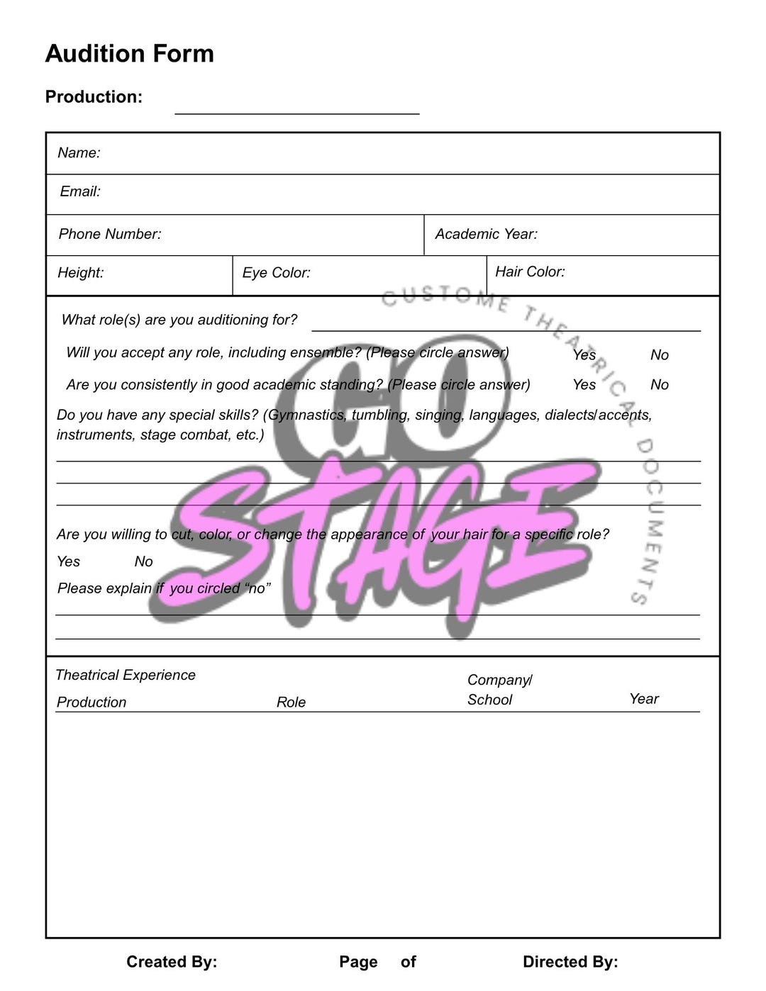 EDITABLE Audition Form (play/school) W/ CONFLICT CALENDAR - Etsy