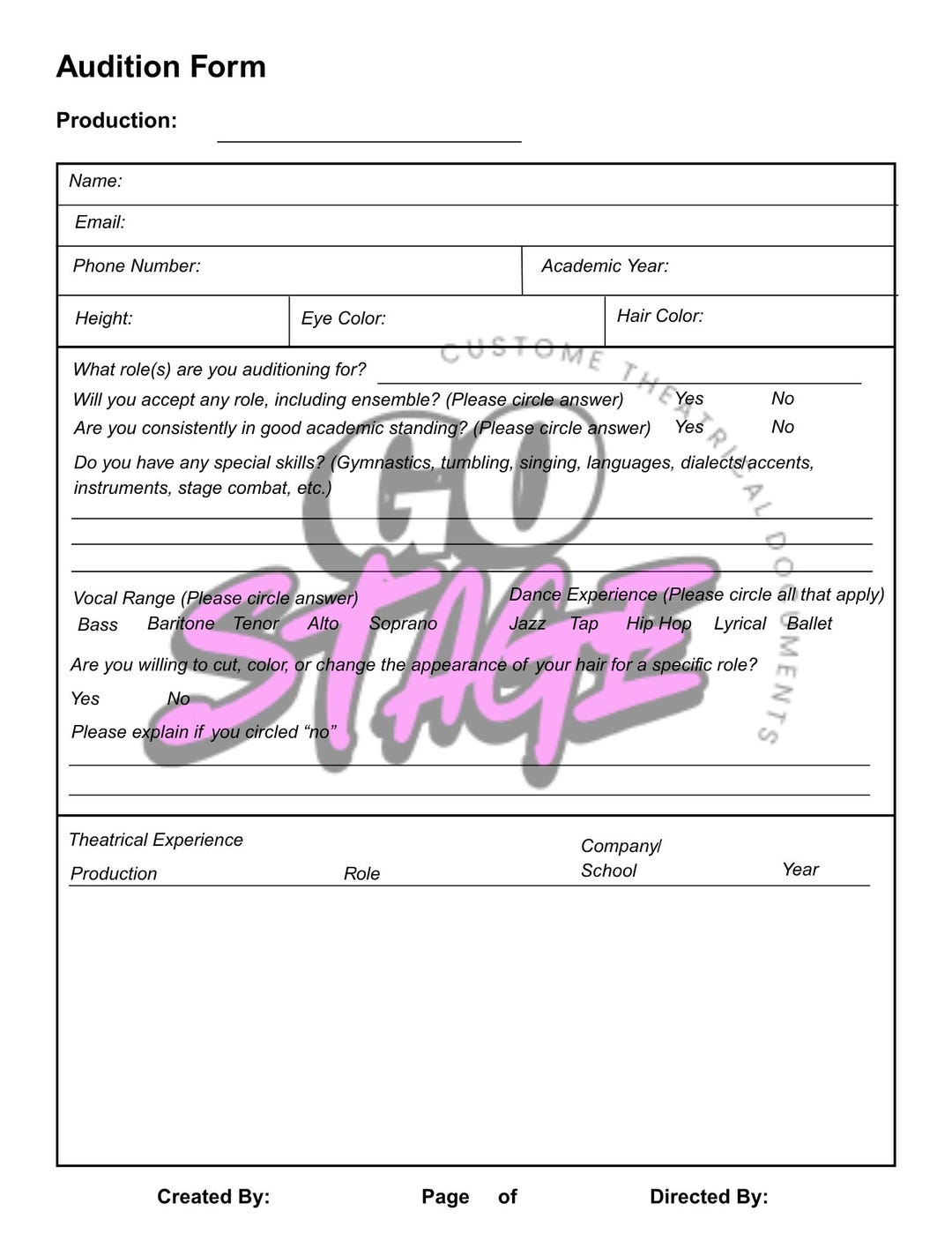 EDITABLE Audition Form (musical/school) - Etsy