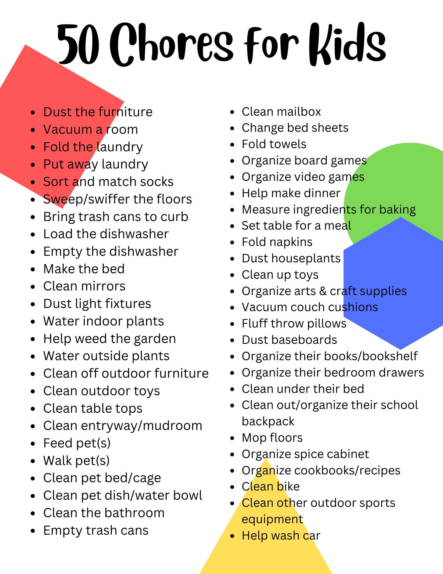 Chores for Kids With Weekly Tracker / 50 Chore Ideas for Kids - Etsy