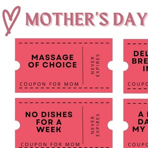 PRINTABLE Mother's Day Coupons, Mom Coupons, Mother's Day Gift, Pre ...