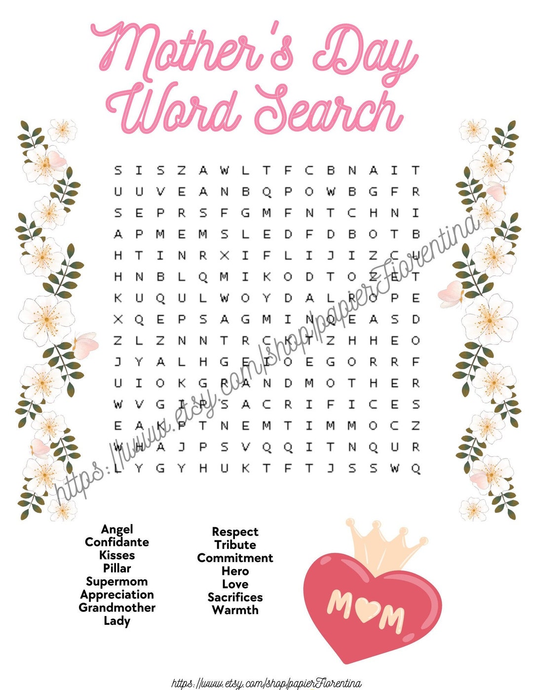 Printable Mother's Day Word Search - Etsy