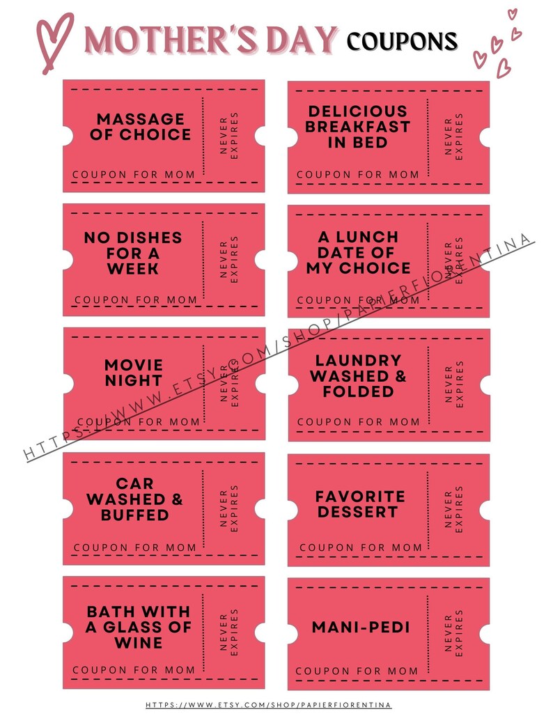 PRINTABLE Mother's Day Coupons, Mom Coupons, Mother's Day Gift, Pre ...
