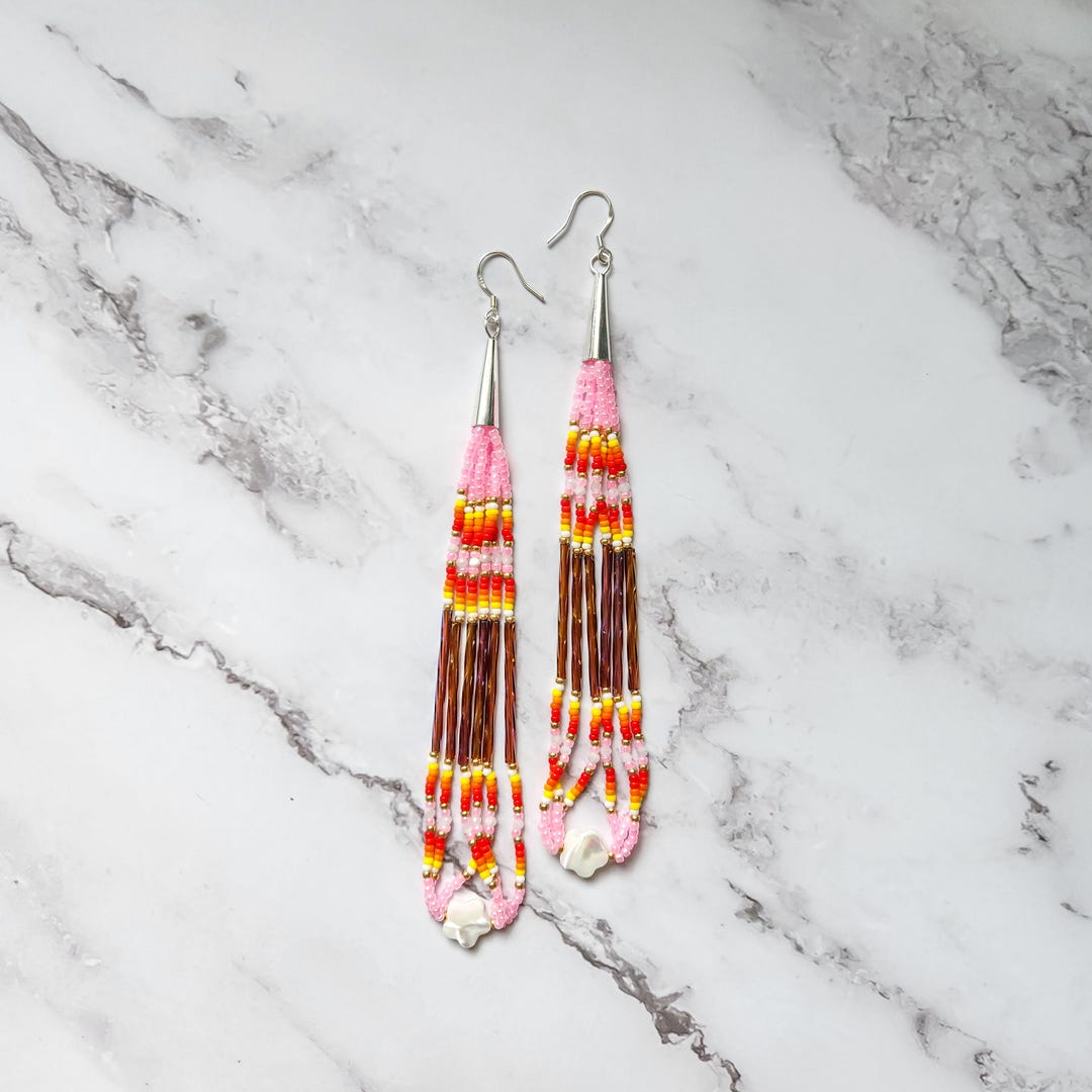 Indigenous Pink Sunset Beaded Fringe Earrings - Moonstone, Mother of ...