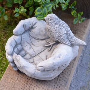 Hand Cast Stone Bird in Hand Bird Bath Feeder - Best Quality Highly ...