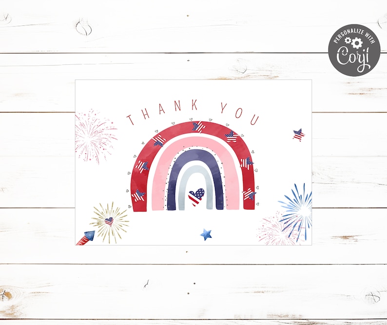 4th of July Thank You Card Girl Red White and Blue Birthday Thank You ...