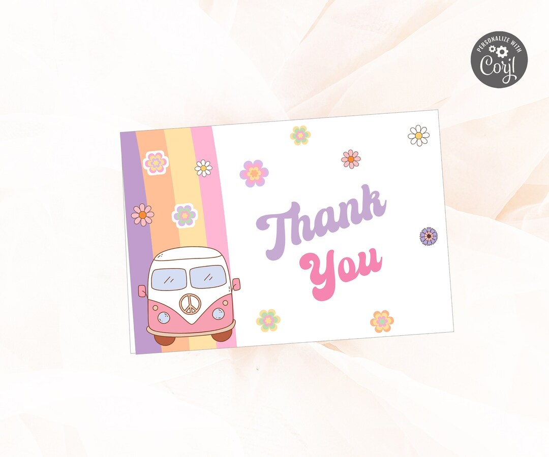 Groovy Thank You Card, Girl Retro Birthday Thank You, Editable Template ...