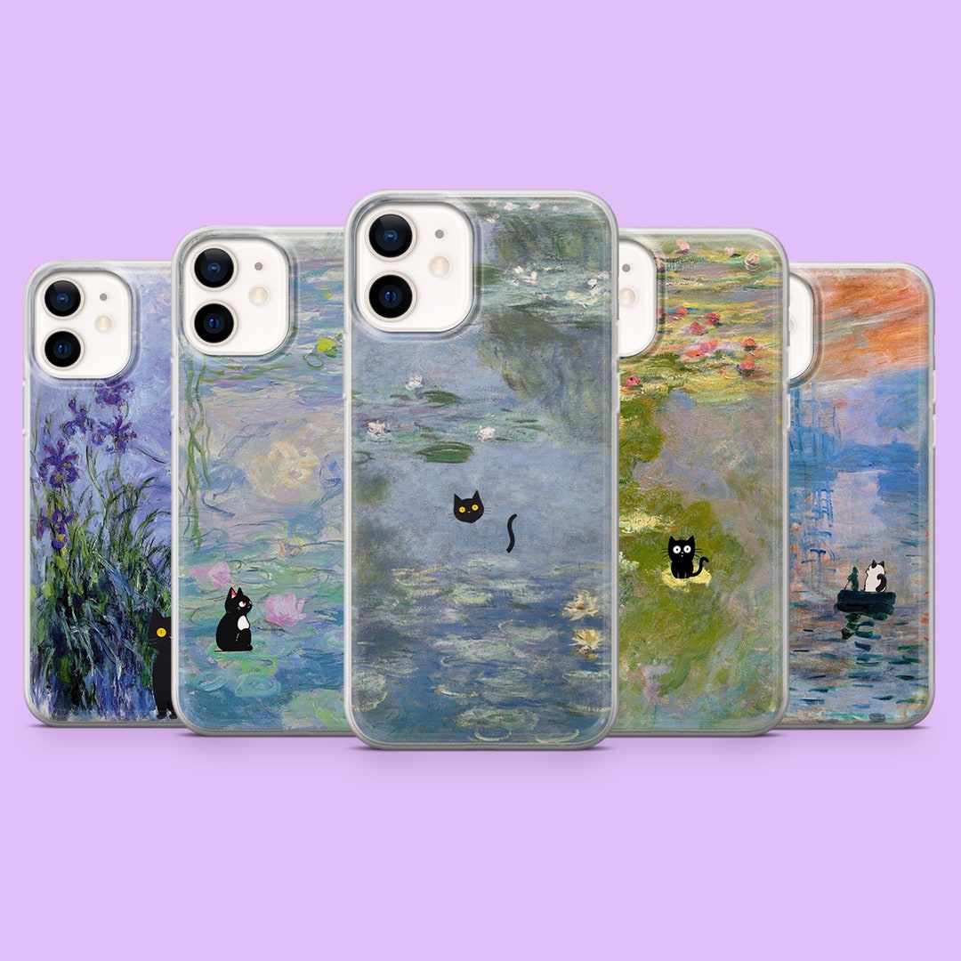 Black Cat Phone Case Claude Monet Meme Cover for iPhone 16E, 15, 14, 13 ...