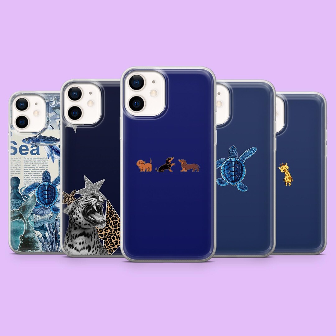 Cute Animals Phone Case Simple Navy Blue Cover for iPhone 16, 15, 14 ...