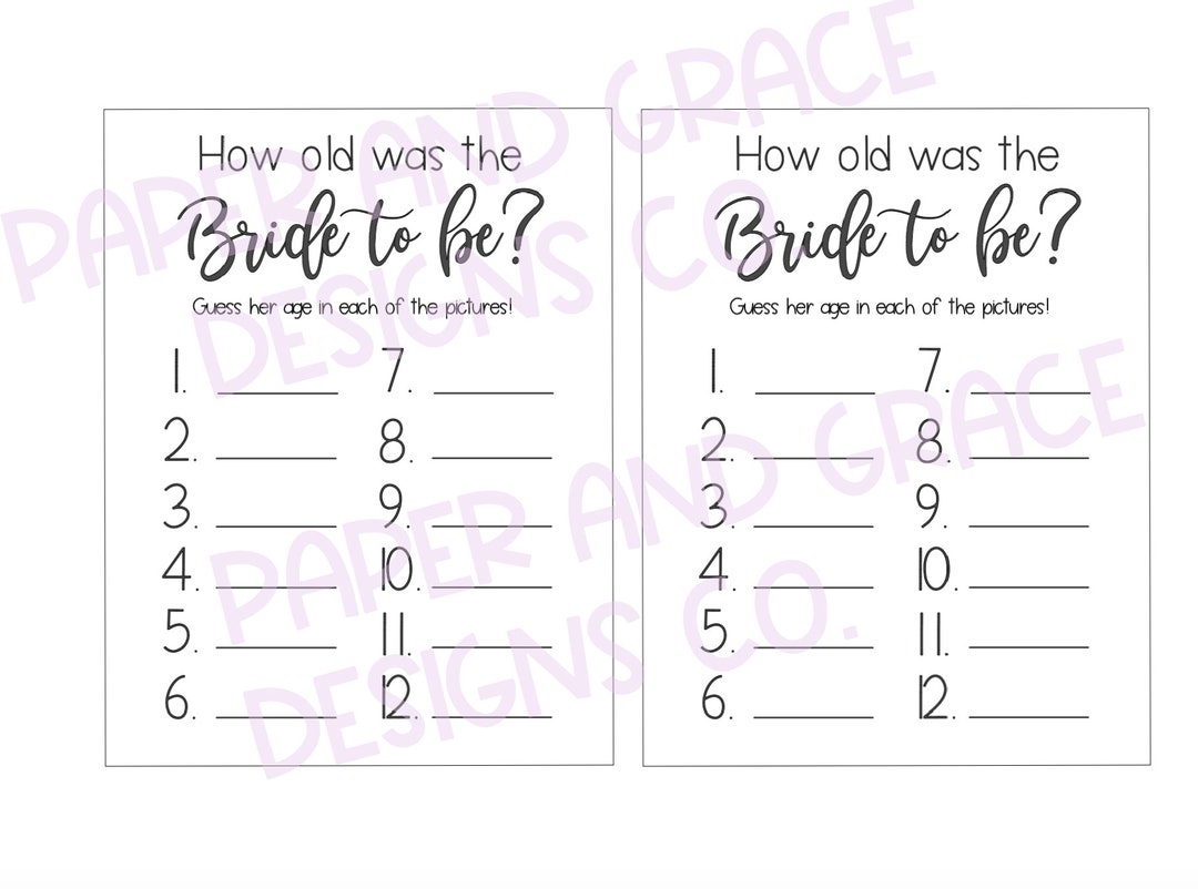 Bridal Shower Game Guess the Bride's Age Bridal Shower Game Printable ...