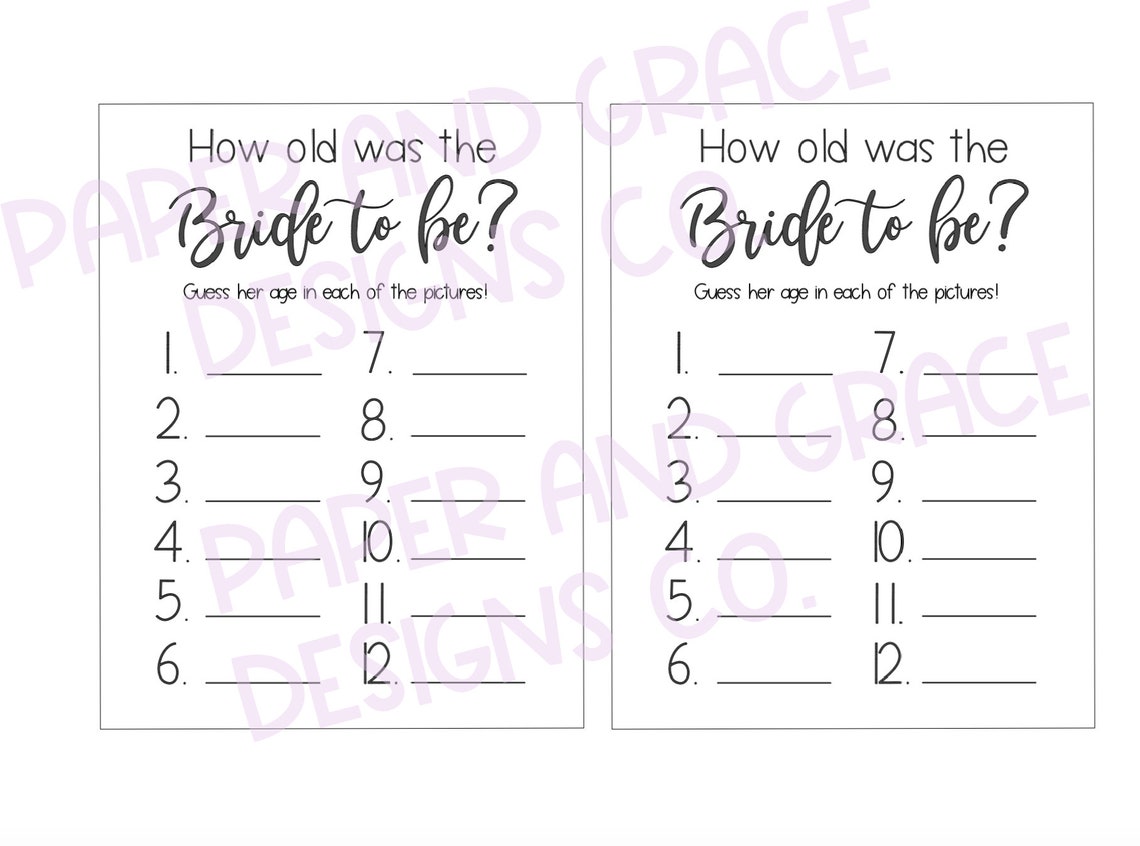 Bridal Shower Game Guess the Bride's Age Bridal Shower Game Printable ...