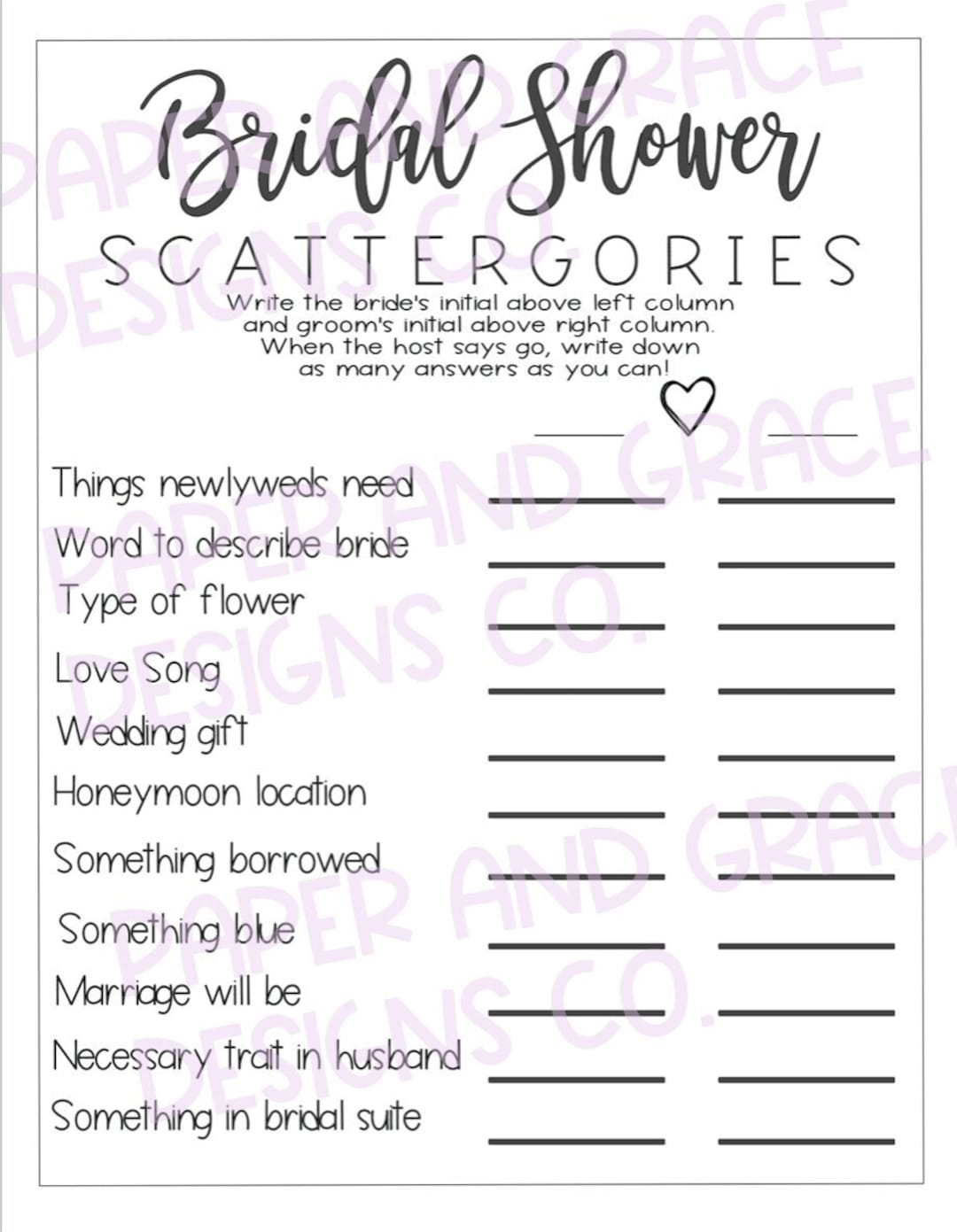 Bridal Shower Game ~ Scattergories Bridal Shower Game ~ Shower Game ...