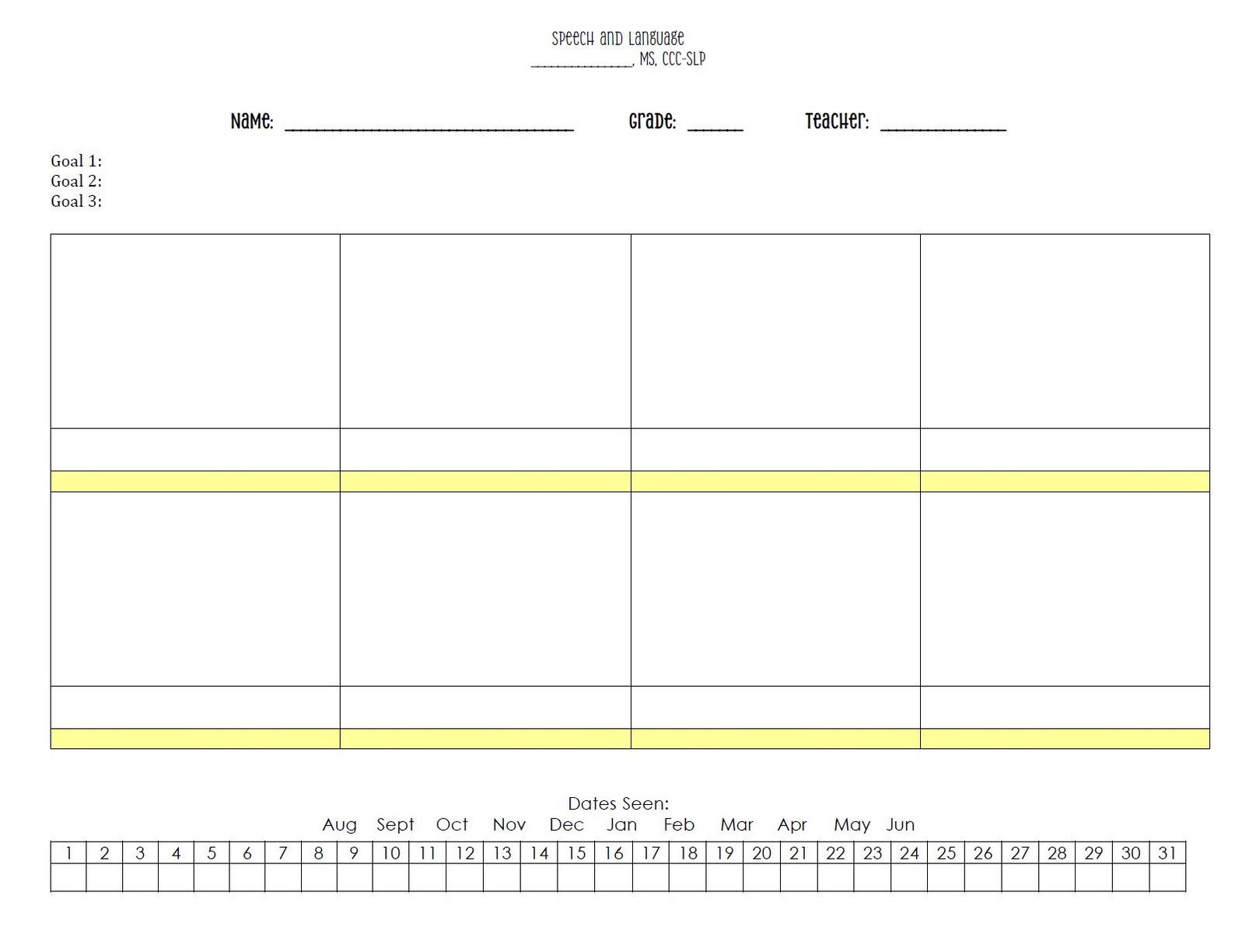Monthly Speech Language Therapy Data Log, SLP Progress Monitoring, SLPA ...