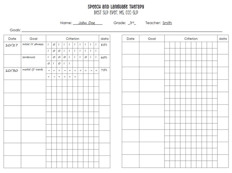 Speech Language Therapy Articulation Data Sheet, Speech Artic Notes ...