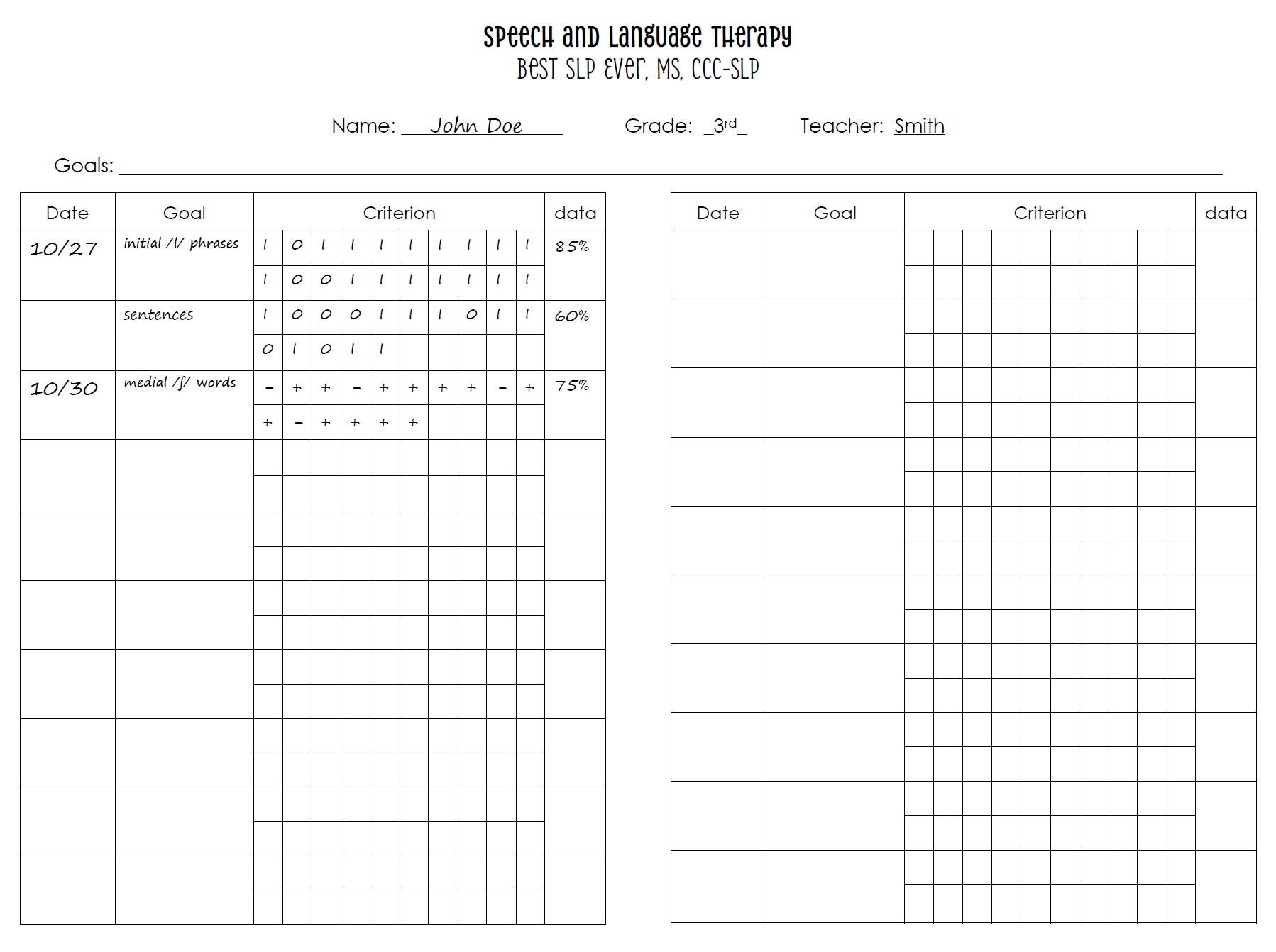 Speech Language Therapy Articulation Data Sheet, Speech Artic Notes ...