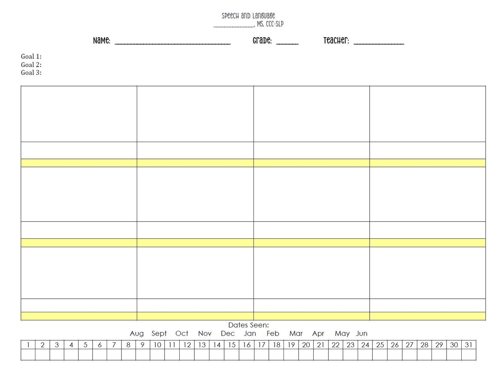 Monthly Speech Language Therapy Data Log, SLP Progress Monitoring, SLPA ...