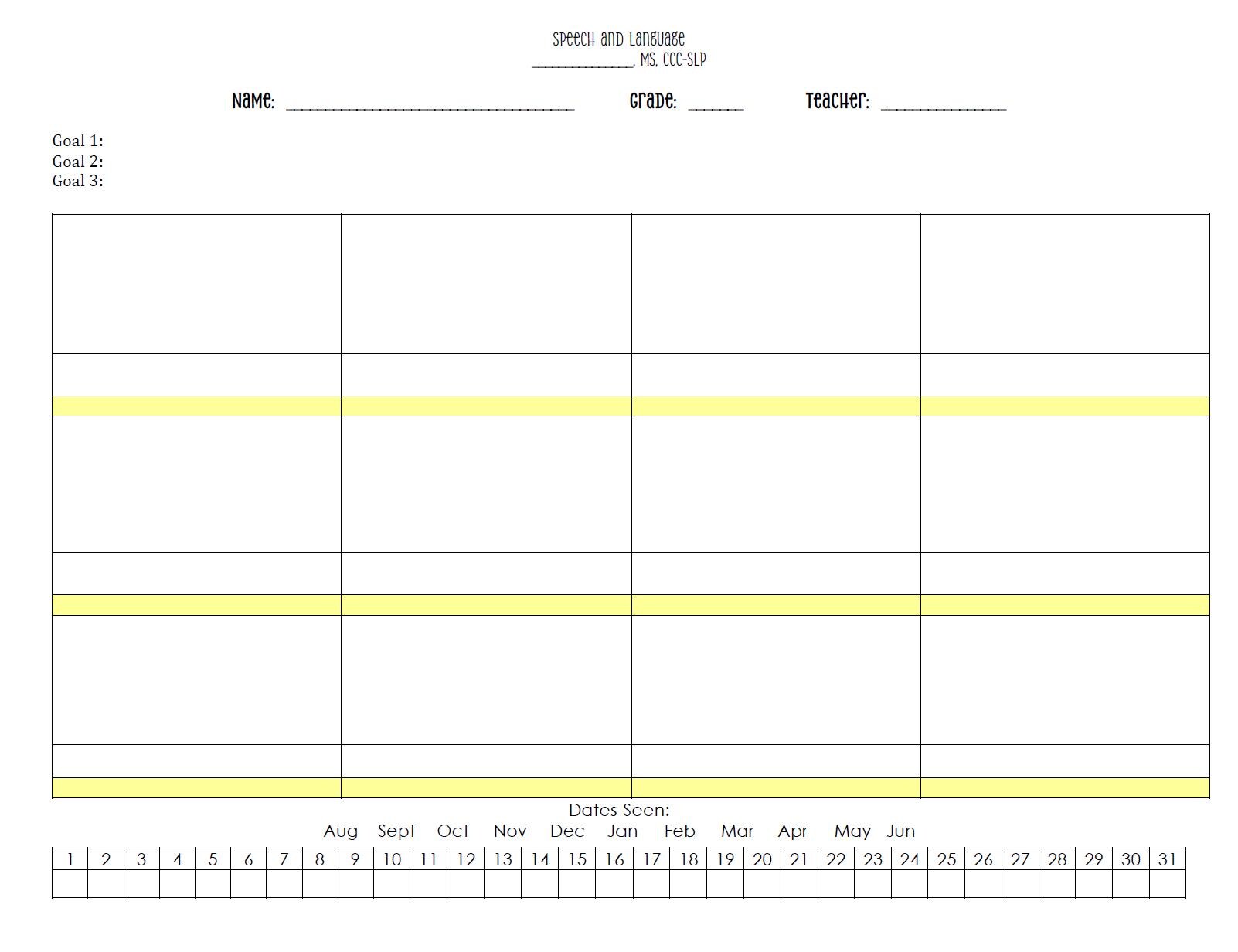 Monthly Speech Language Therapy Data Log, SLP Progress Monitoring, SLPA ...