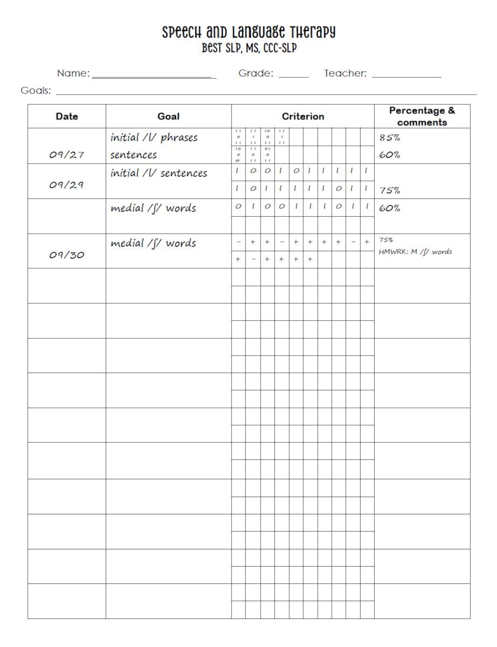 Articulation Speech Language Therapy Data Log, SLP Progress Monitoring ...