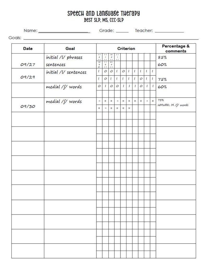 Articulation Speech Language Therapy Data Log, SLP Progress Monitoring ...