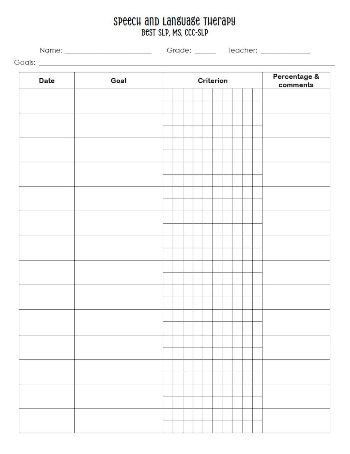 Articulation Speech Language Therapy Data Log, SLP Progress Monitoring ...