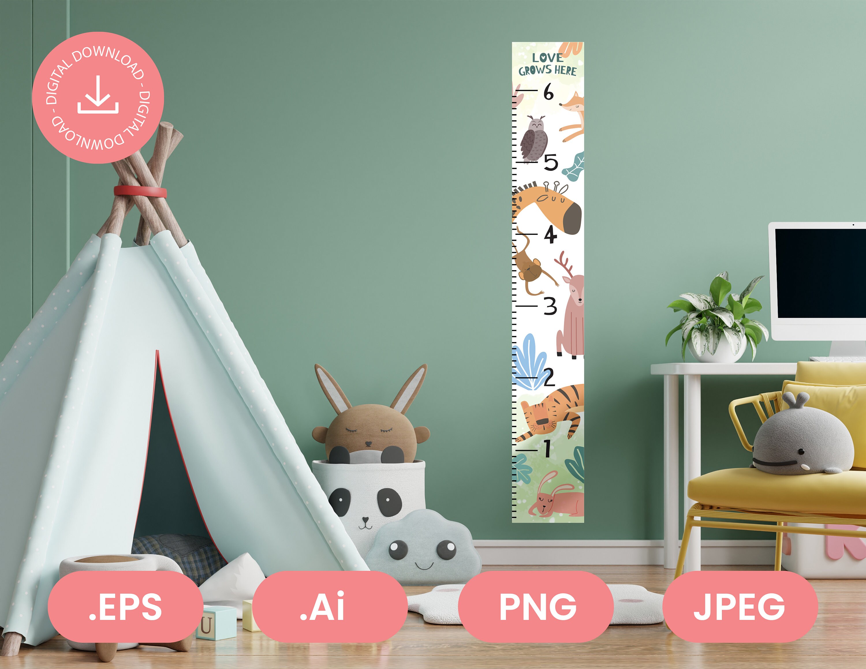 Child Growth Chart Digital Download Animal Themed Growth Chart Ai, Eps ...