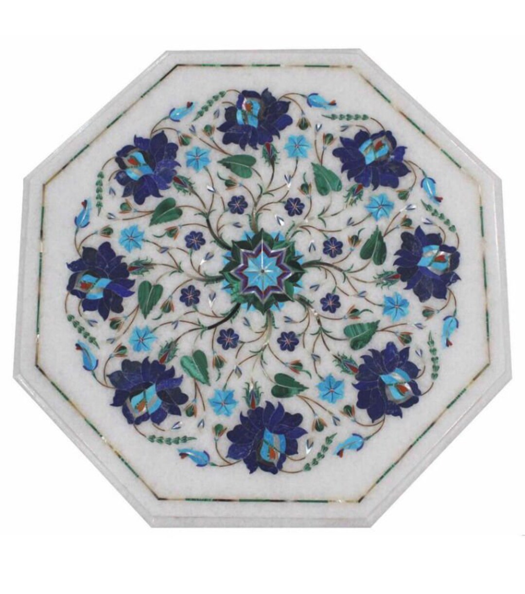 White Marble Coffee Table Top/ Marble Table Inlaid Mix Semi Precious ...