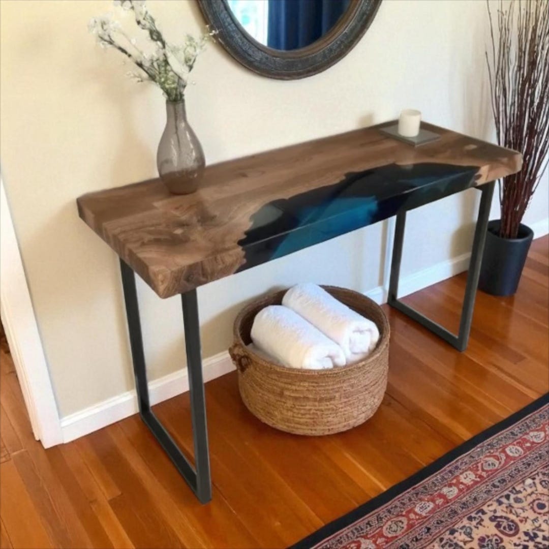 Handmade Epoxy Resin Console Table: Live Edge Wood & Metal Legs - Etsy