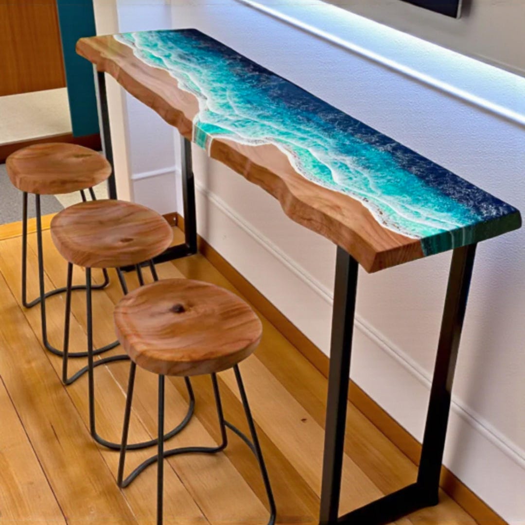 Handmade Epoxy Resin Console Table | Live Edge Wood, Metal Legs - Etsy