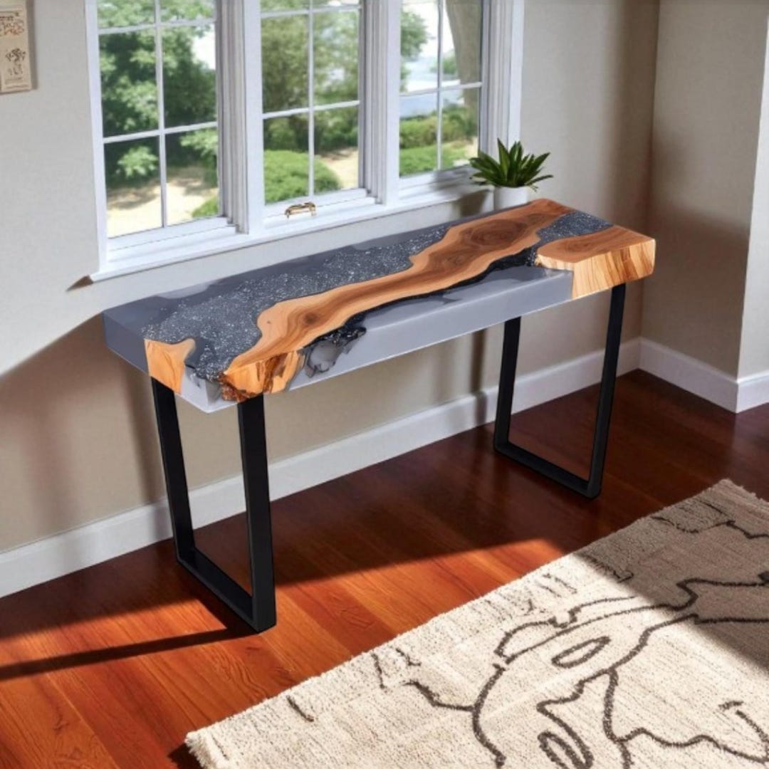 Handmade Epoxy Resin Console Table: Live Edge Wood & Metal - Etsy