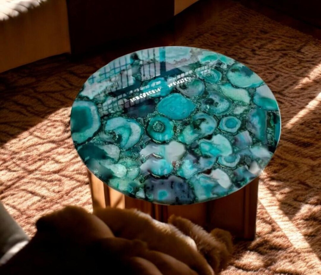 Green Coffee Table | Round Agate Table | Agate Table | Round Sofa Table ...