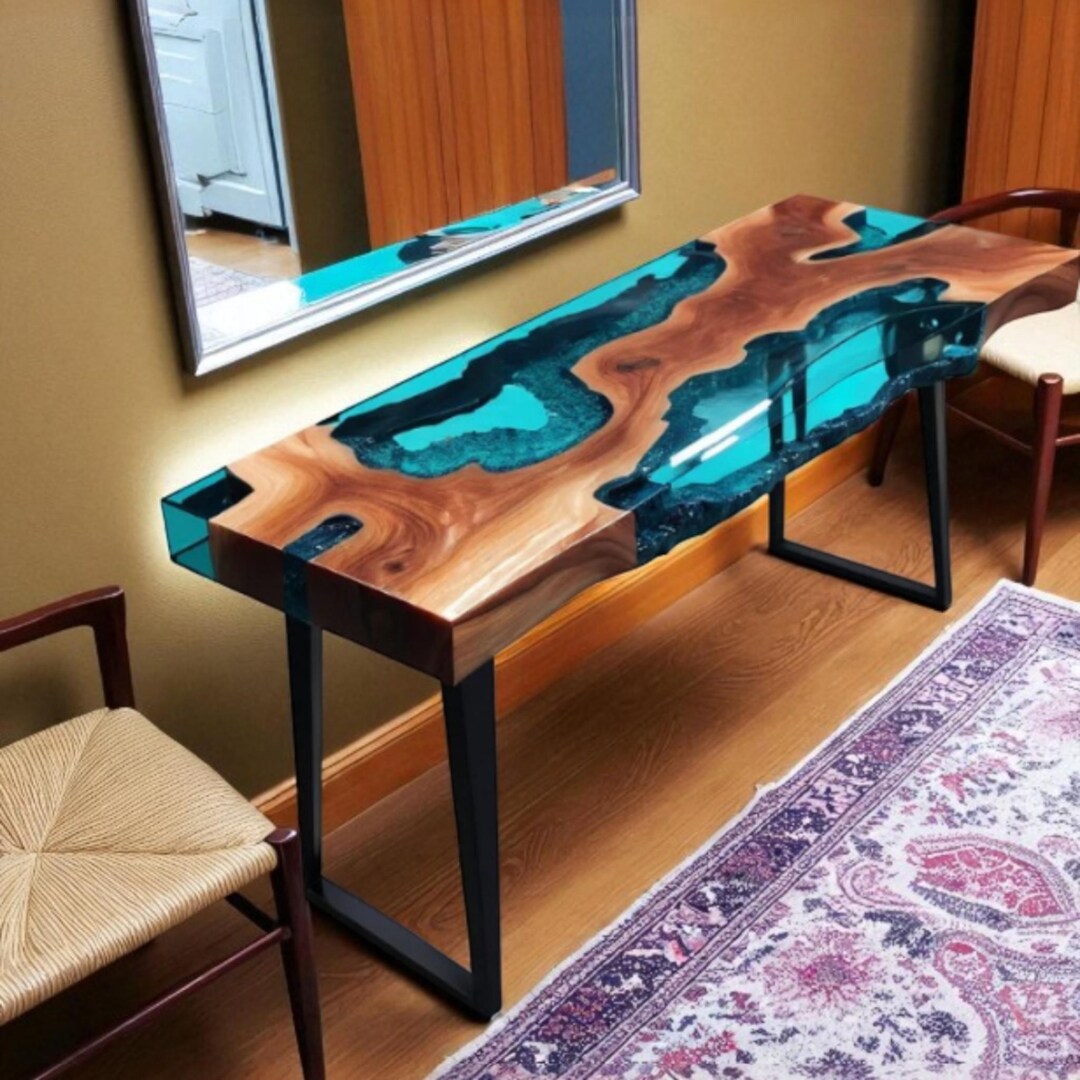 Handmade Blue Epoxy Resin Console Table: Live Edge Wood & Metal Legs - Etsy