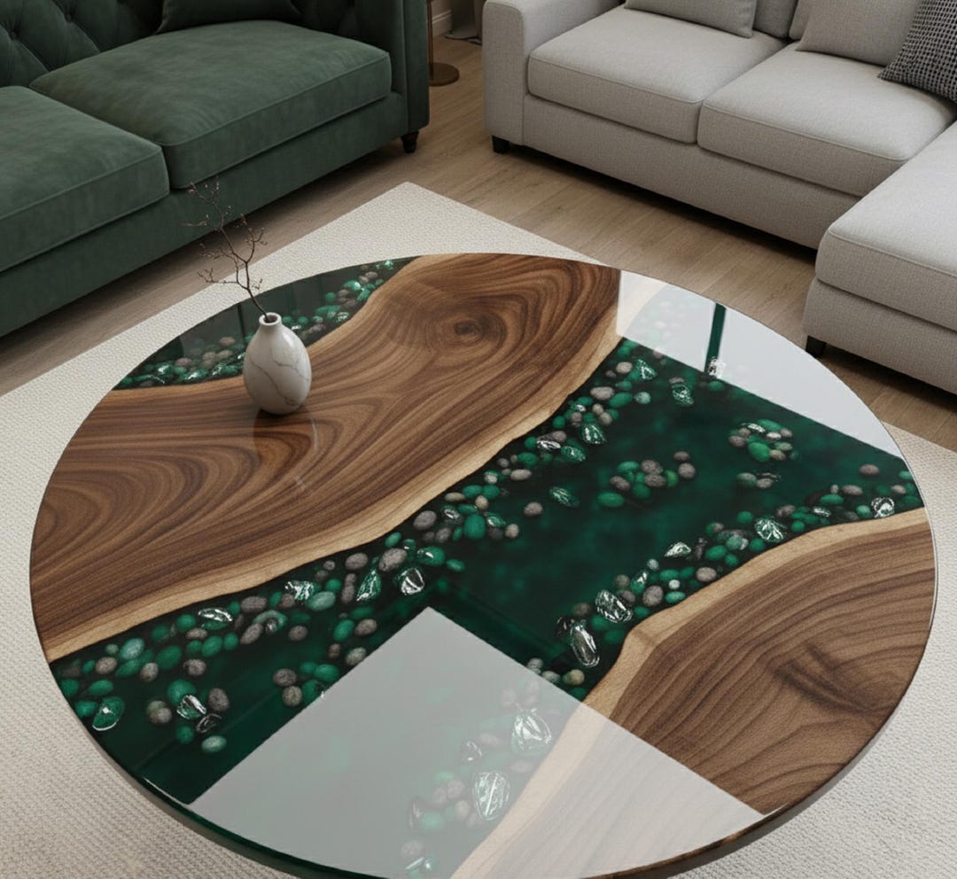 Round Wood and Riverstone Epoxy Table | Handmade Emerald Green Resin ...