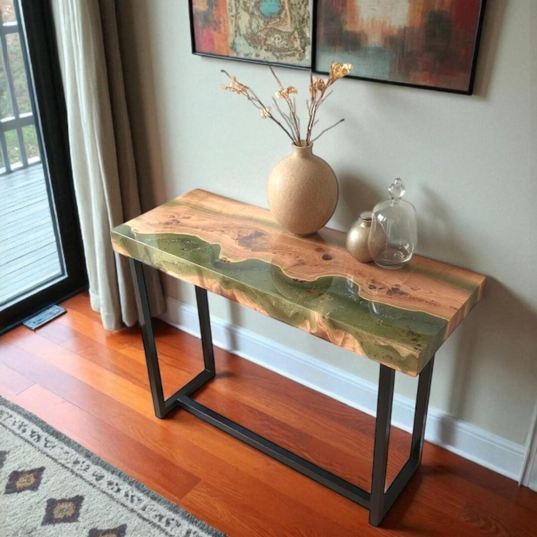 Handmade Epoxy Resin Console Table: Green Entryway Table With Metal ...